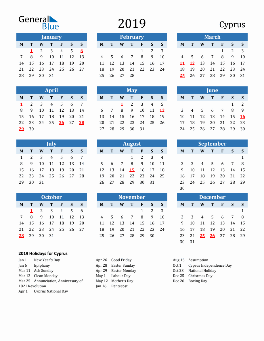 2019 Printable Calendar with Cyprus Holidays - Monday Start