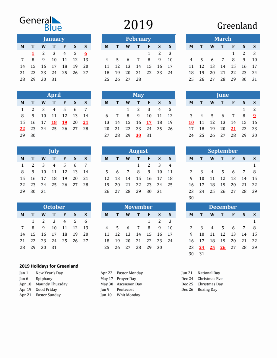 2019 Printable Calendar with Greenland Holidays - Monday Start