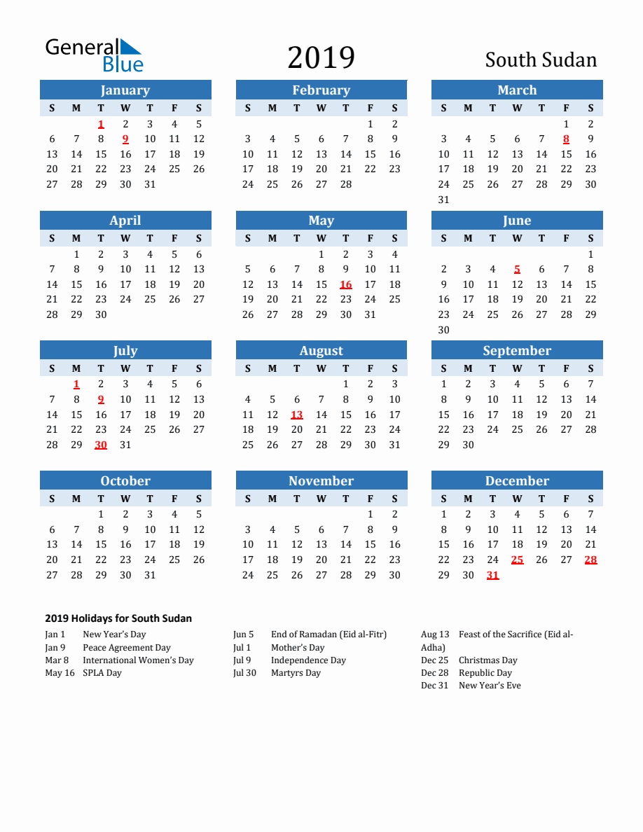 2019 Printable Calendar with South Sudan Holidays