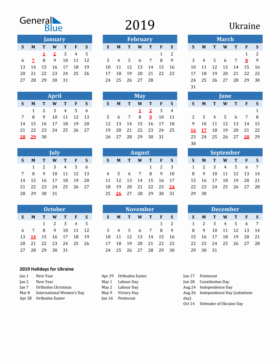 2019 Printable Calendar with Ukraine Holidays