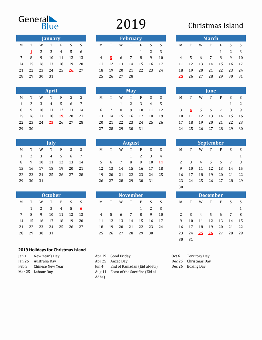 Christmas Island 2019 Calendar with Holidays - Monday Start