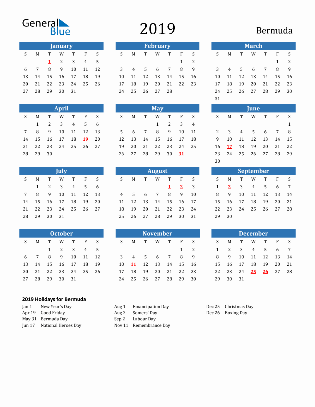 2019 Bermuda Calendar with Holidays