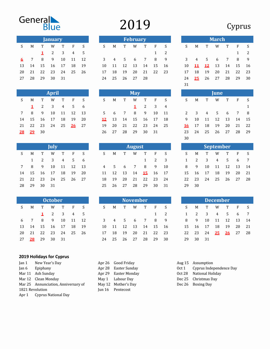 2019 Cyprus Calendar with Holidays (Monday Start)