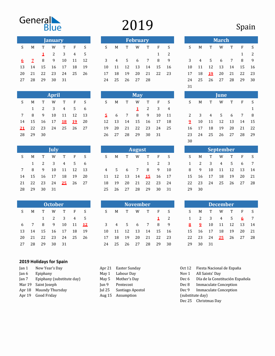 Spain 2019 Calendar with Holidays