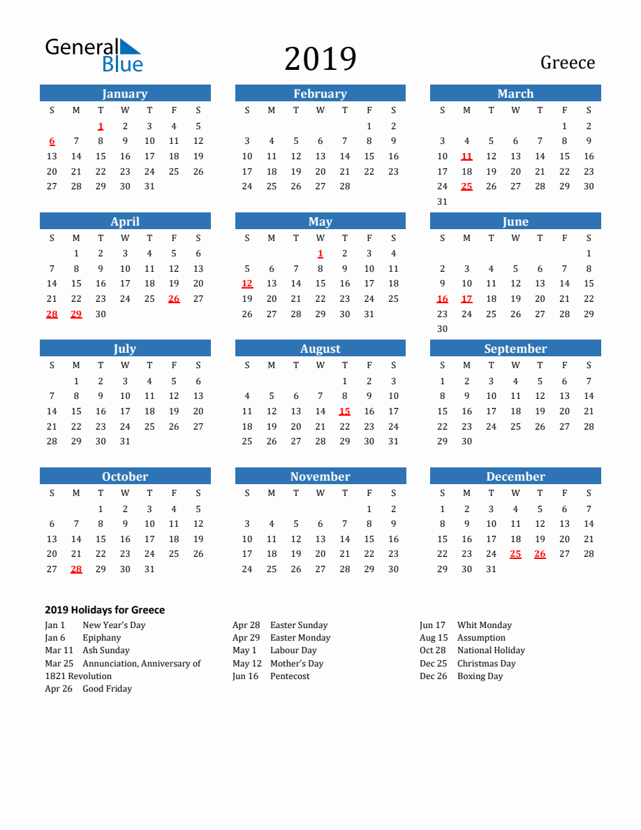 Greece 2019 Calendar with Holidays