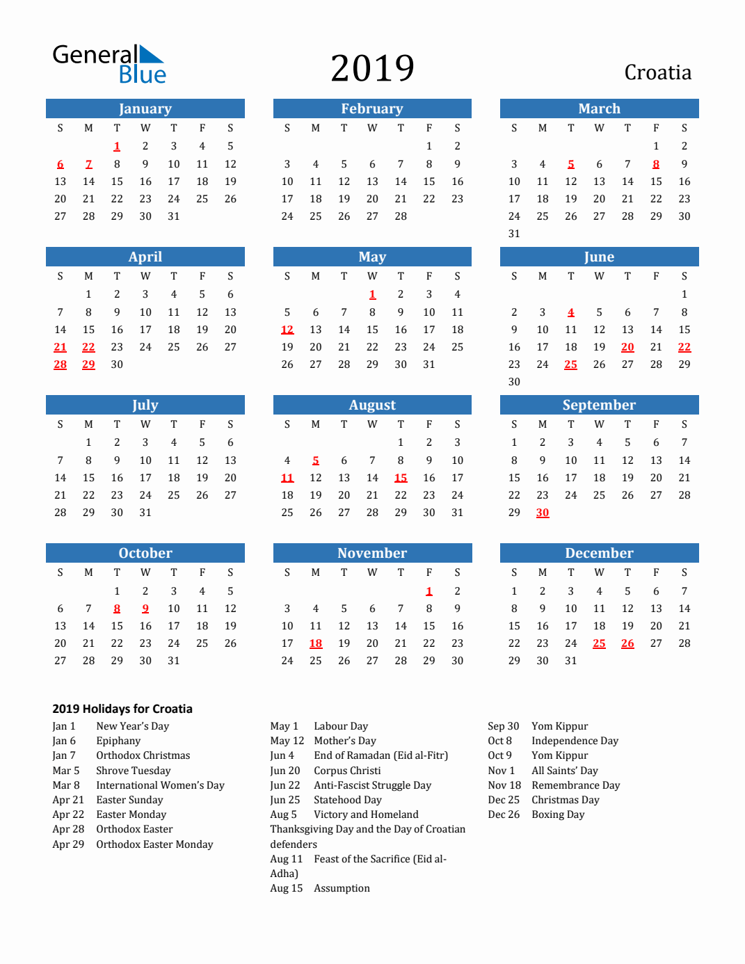 2019 Croatia Calendar with Holidays