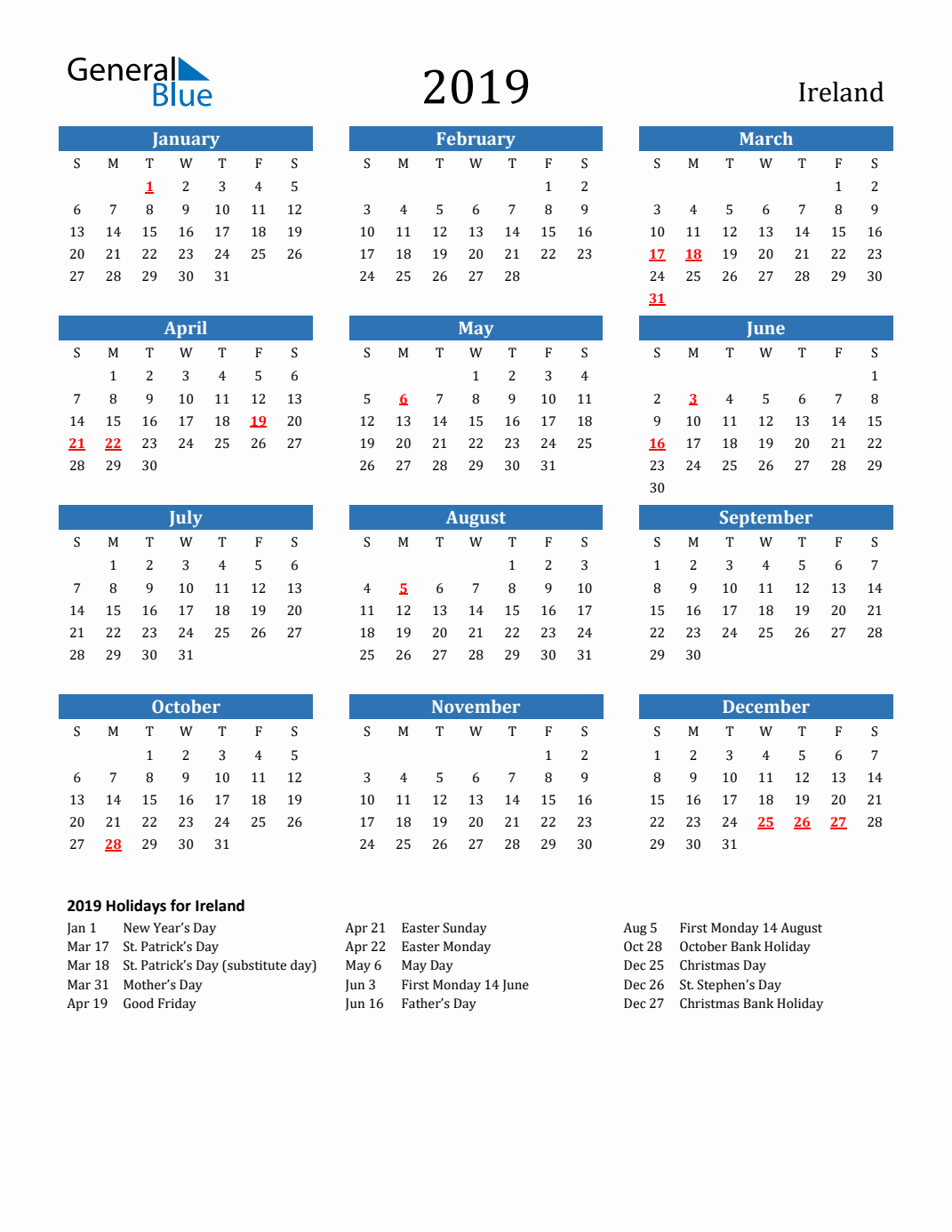 2019 Ireland Calendar with Holidays