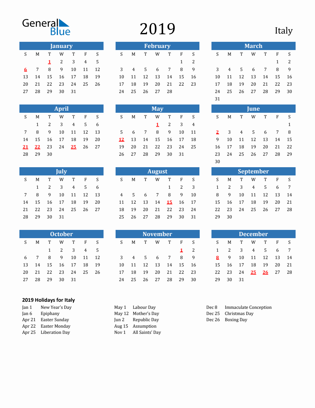 2019 Italy Calendar with Holidays