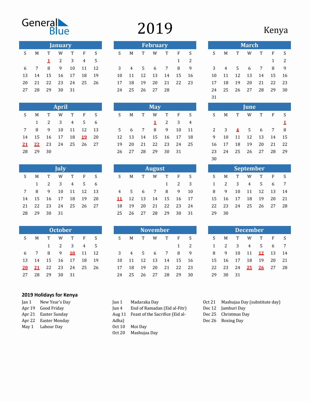 2019 Kenya Calendar with Holidays (Monday Start)