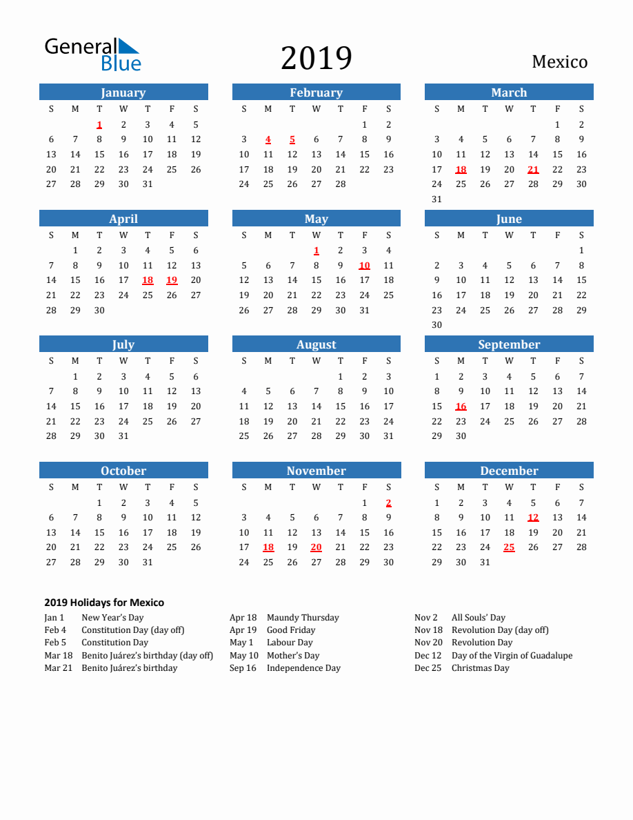 Mexico 2019 Calendar with Holidays