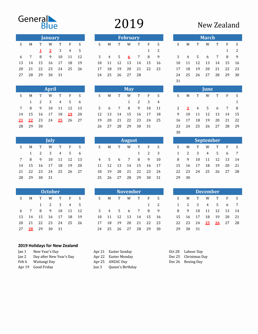 2019 New Zealand Calendar with Holidays