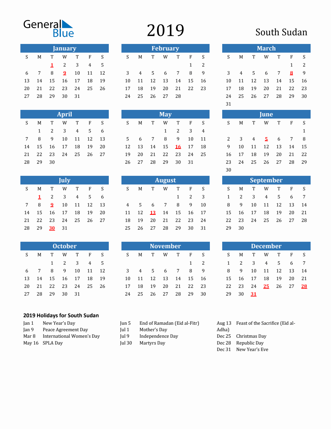 2019 South Sudan Calendar with Holidays