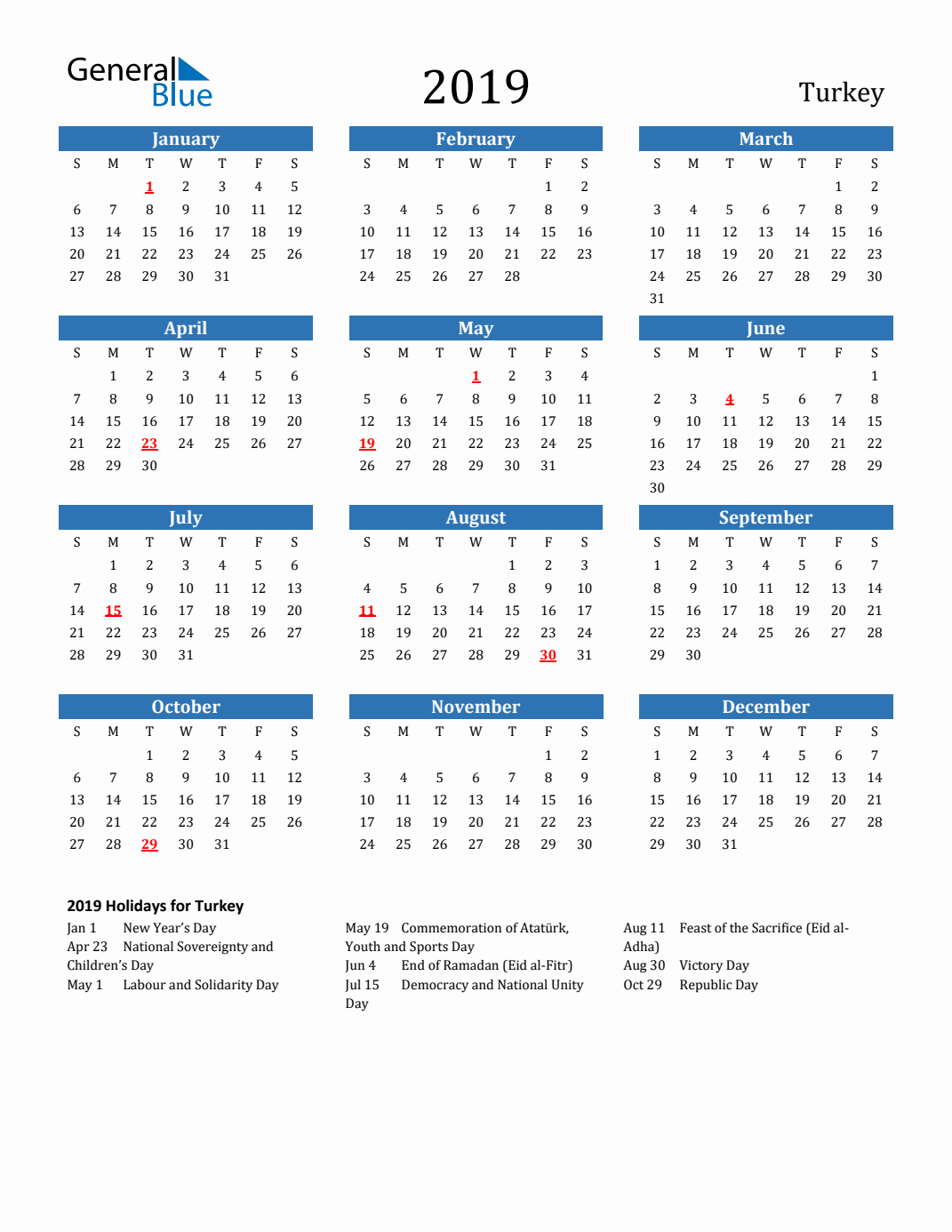 2019 Turkey Calendar with Holidays