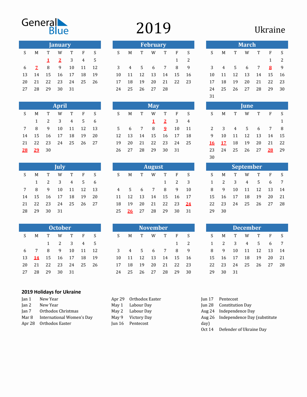 2019 Ukraine Calendar with Holidays (Monday Start)