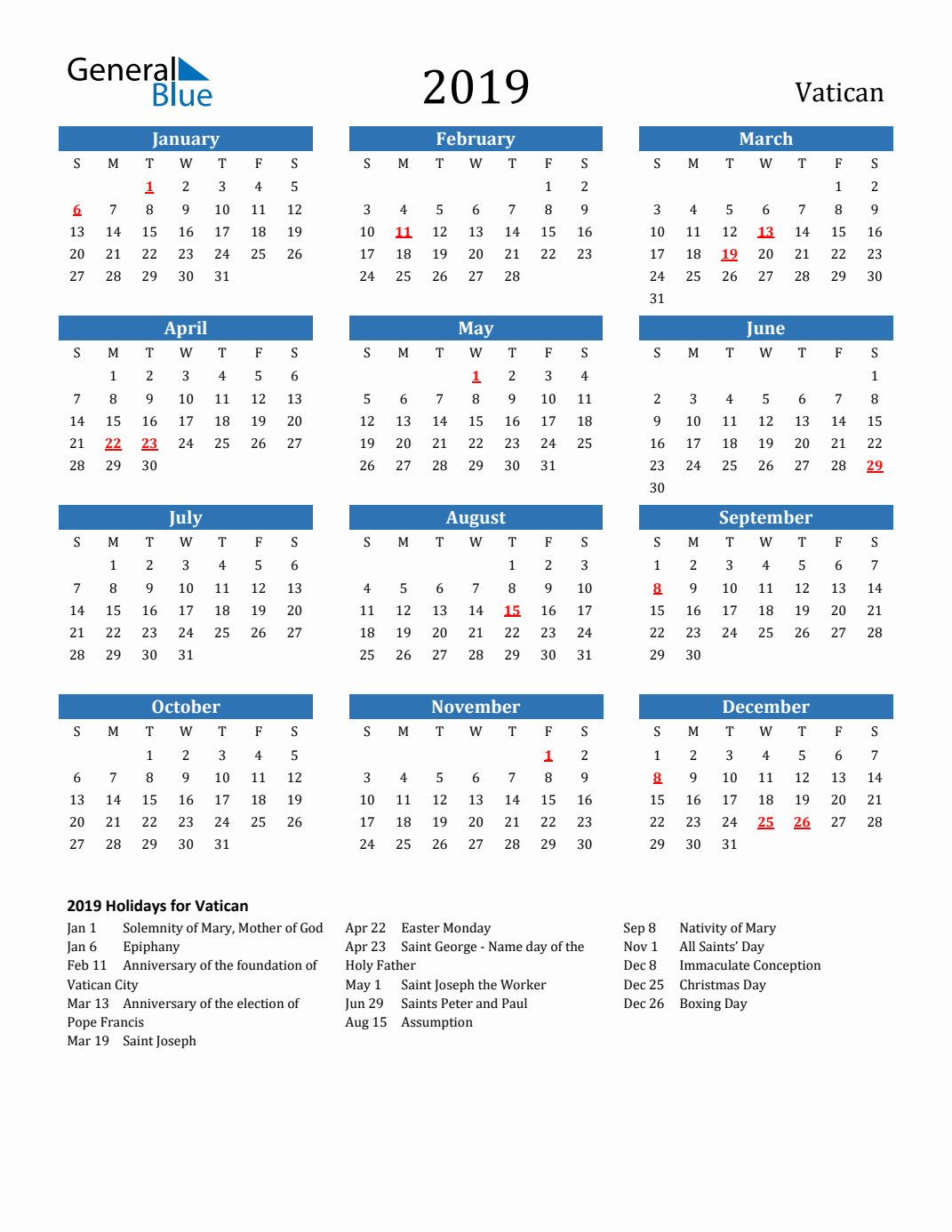 2019 Vatican Calendar with Holidays (Monday Start)