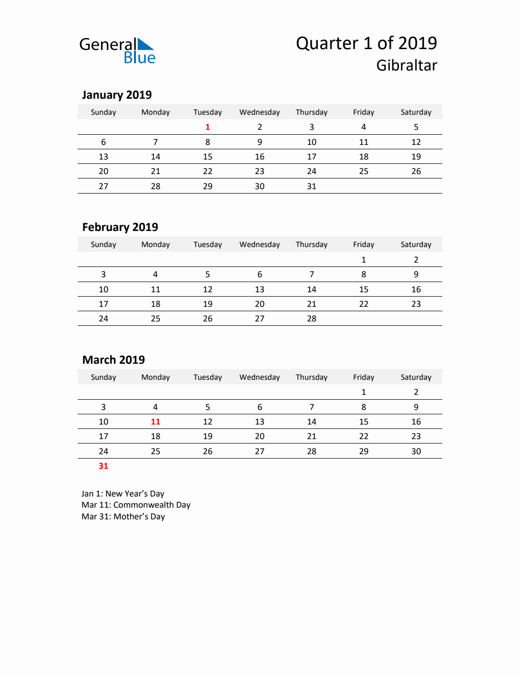 Q1 2019 Quarterly Calendar with Gibraltar Holidays (PDF, Excel, Word)