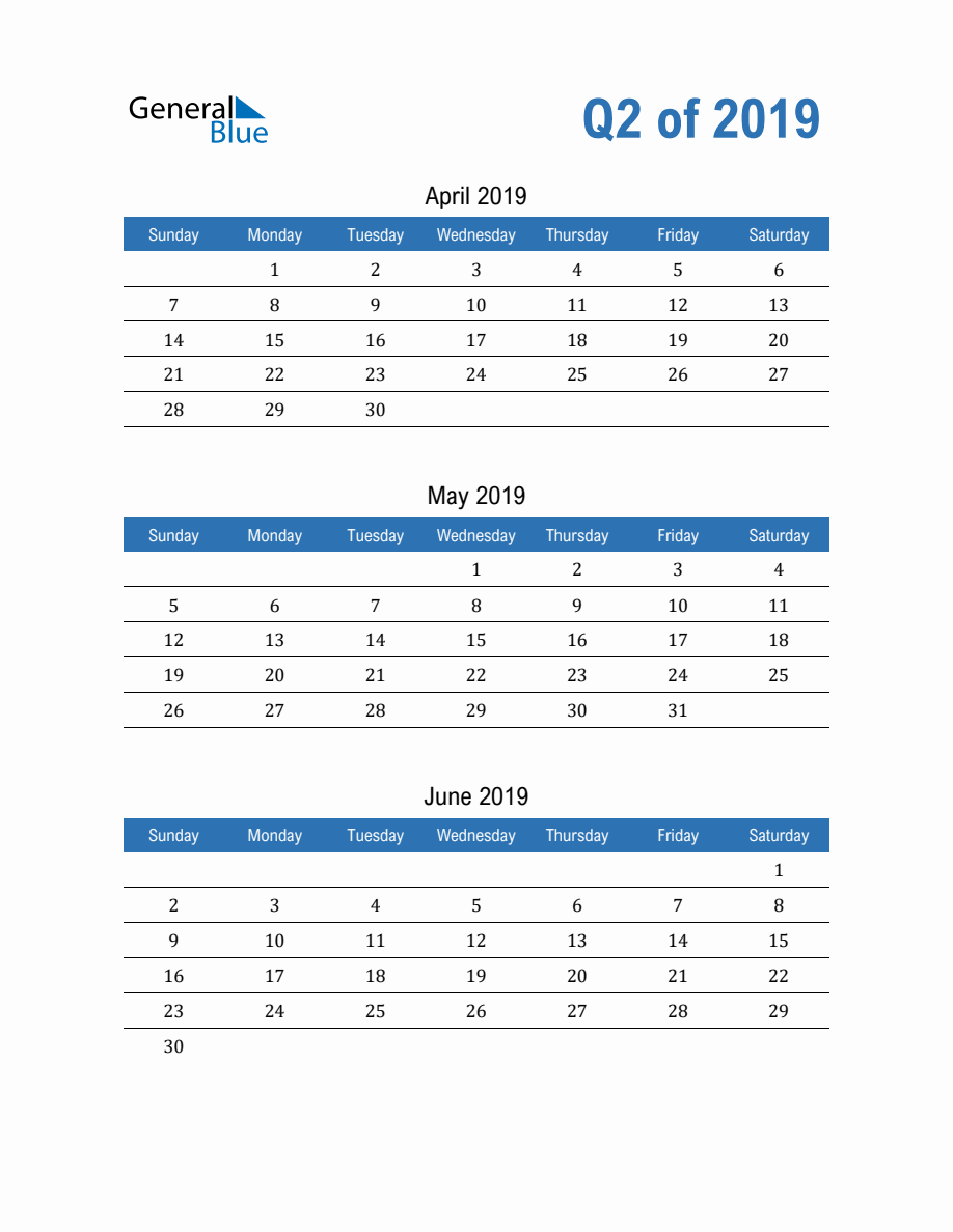 Blank Fillable Quarterly Calendar for Q2 2019 (PDF, Word, Excel)