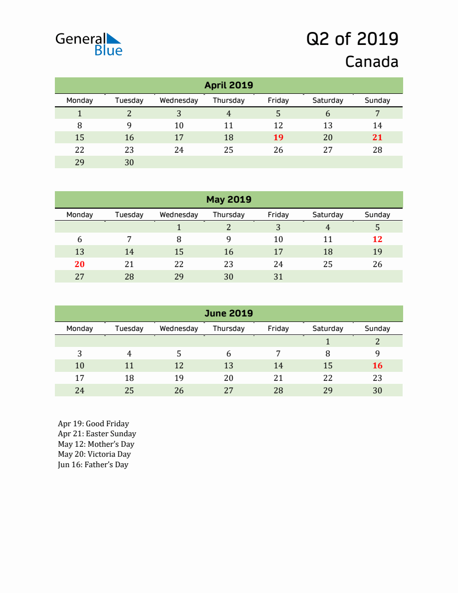 Quarterly Calendar 2019 with Canada Holidays