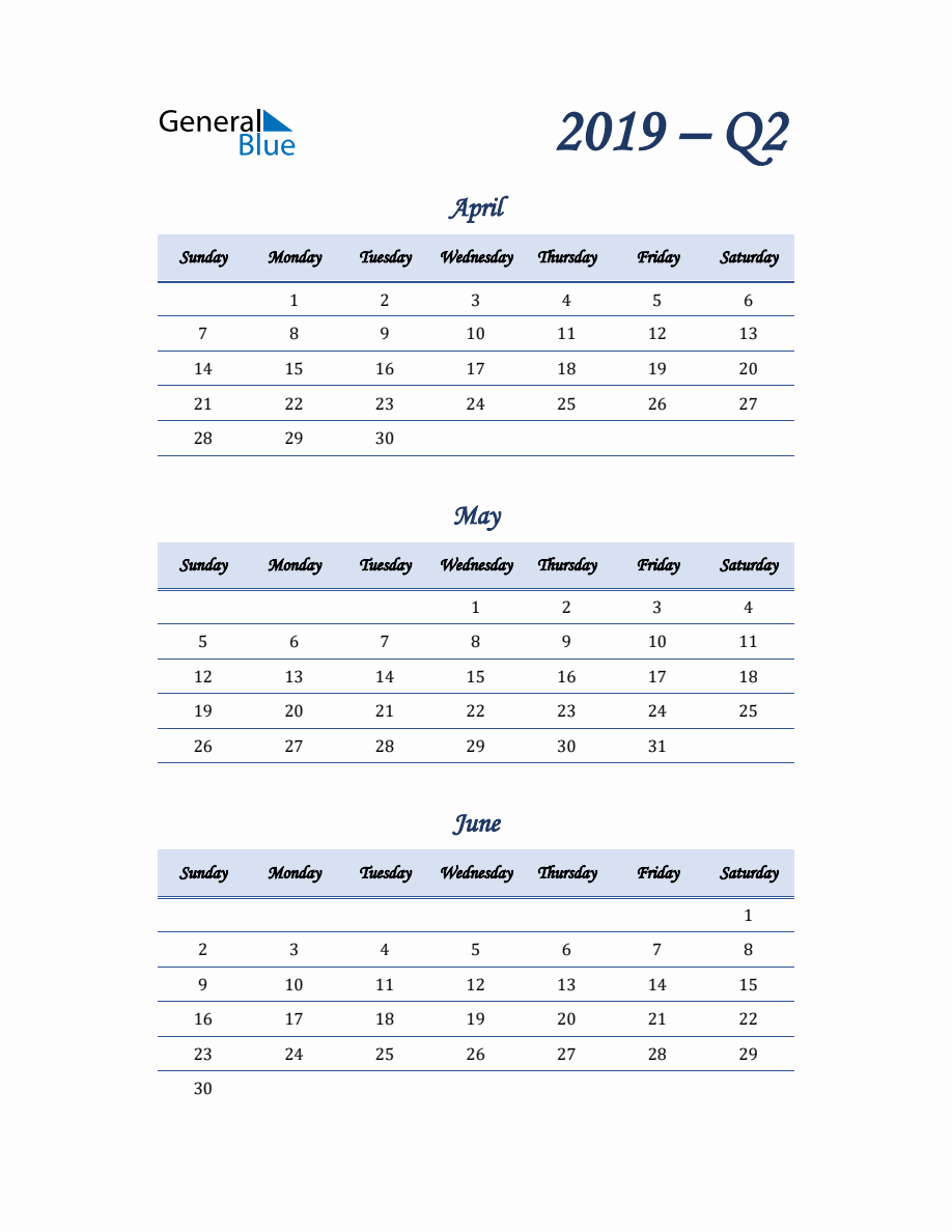 Quarterly Calendar for Quarter 2 2019 in PDF, Word, Excel