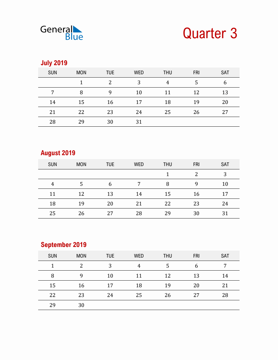 Quarter 3 2019 Calendar Printable (PDF, Word, Excel)