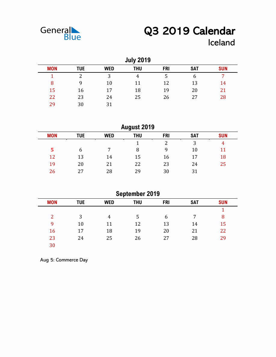 2019 Q3 Calendar with Holidays List for Iceland - Monday Start