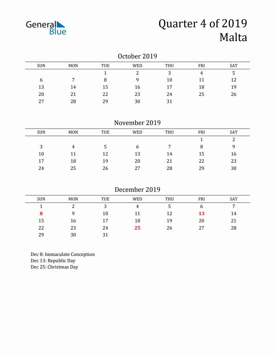 Quarter 4 2019 Malta Calendar