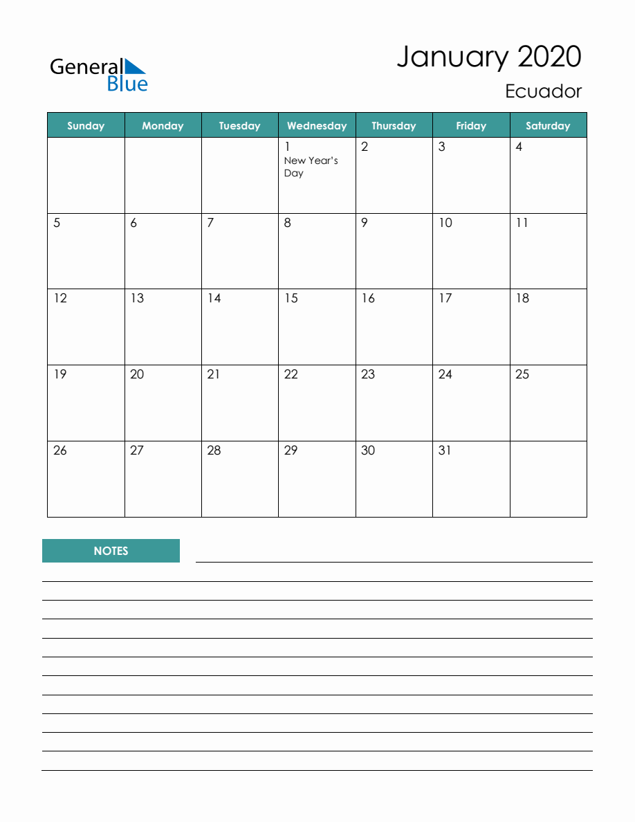 Monthly Planner with Ecuador Holidays - January 2020