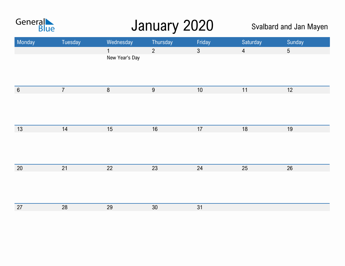 Editable January 2020 Calendar with Svalbard and Jan Mayen Holidays