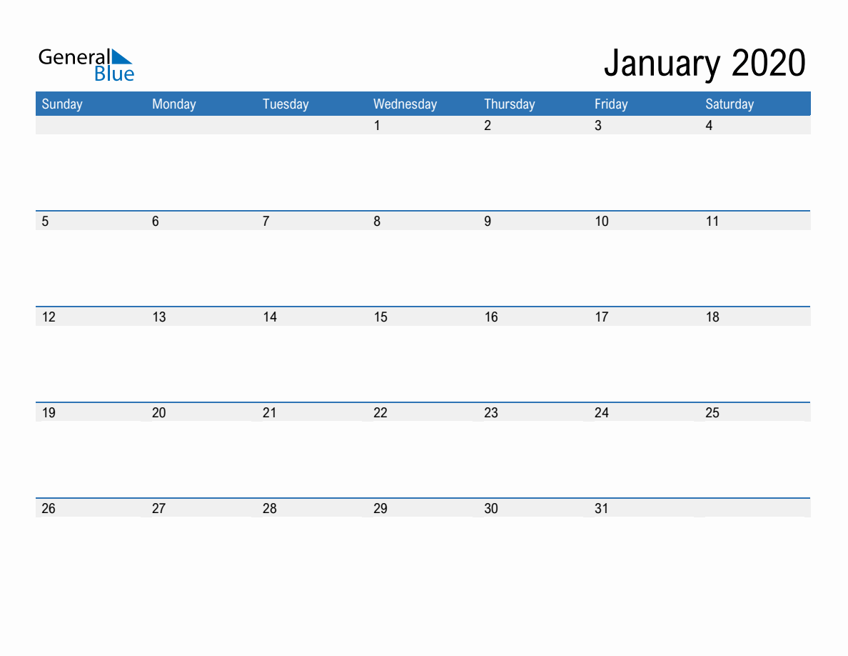 January 2020 Monthly Calendar (PDF, Word, Excel)