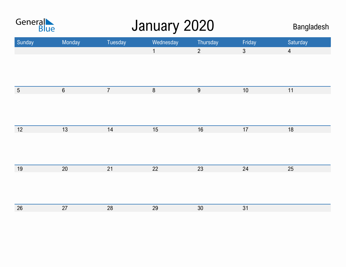 January 2020 Monthly Calendars with Bangladesh Holidays