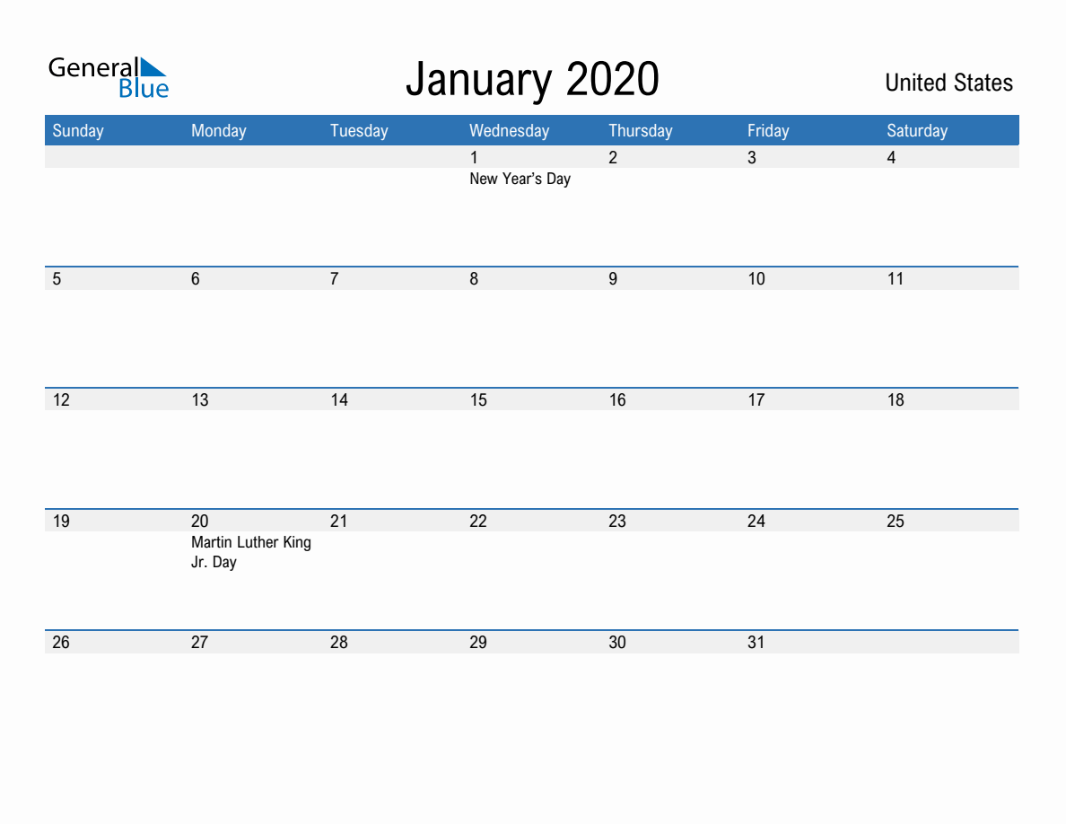 January 2020 Monthly Calendars with United States Holidays