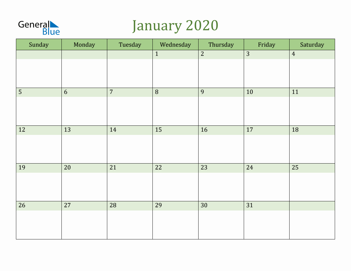 Fillable January 2020 Calendar