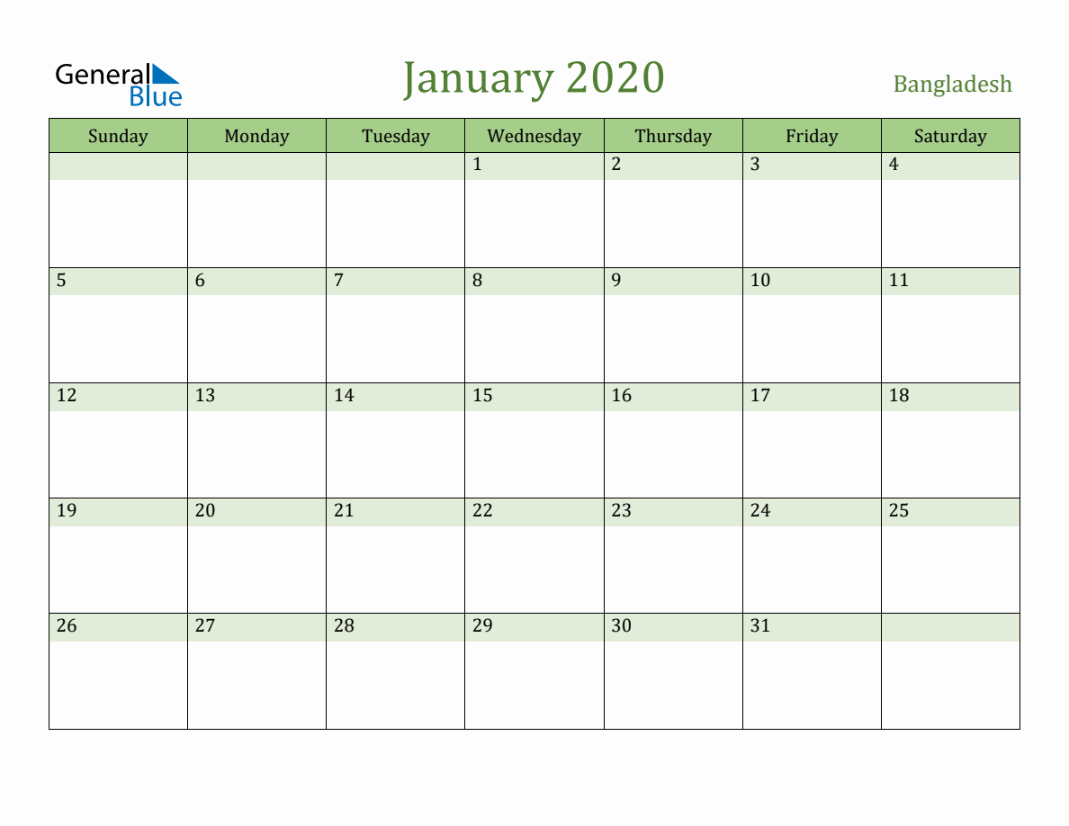 Fillable Holiday Calendar for Bangladesh - January 2020