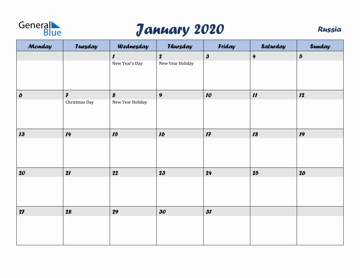 January 2020 Monthly Calendar Template with Holidays for Russia (Monday ...