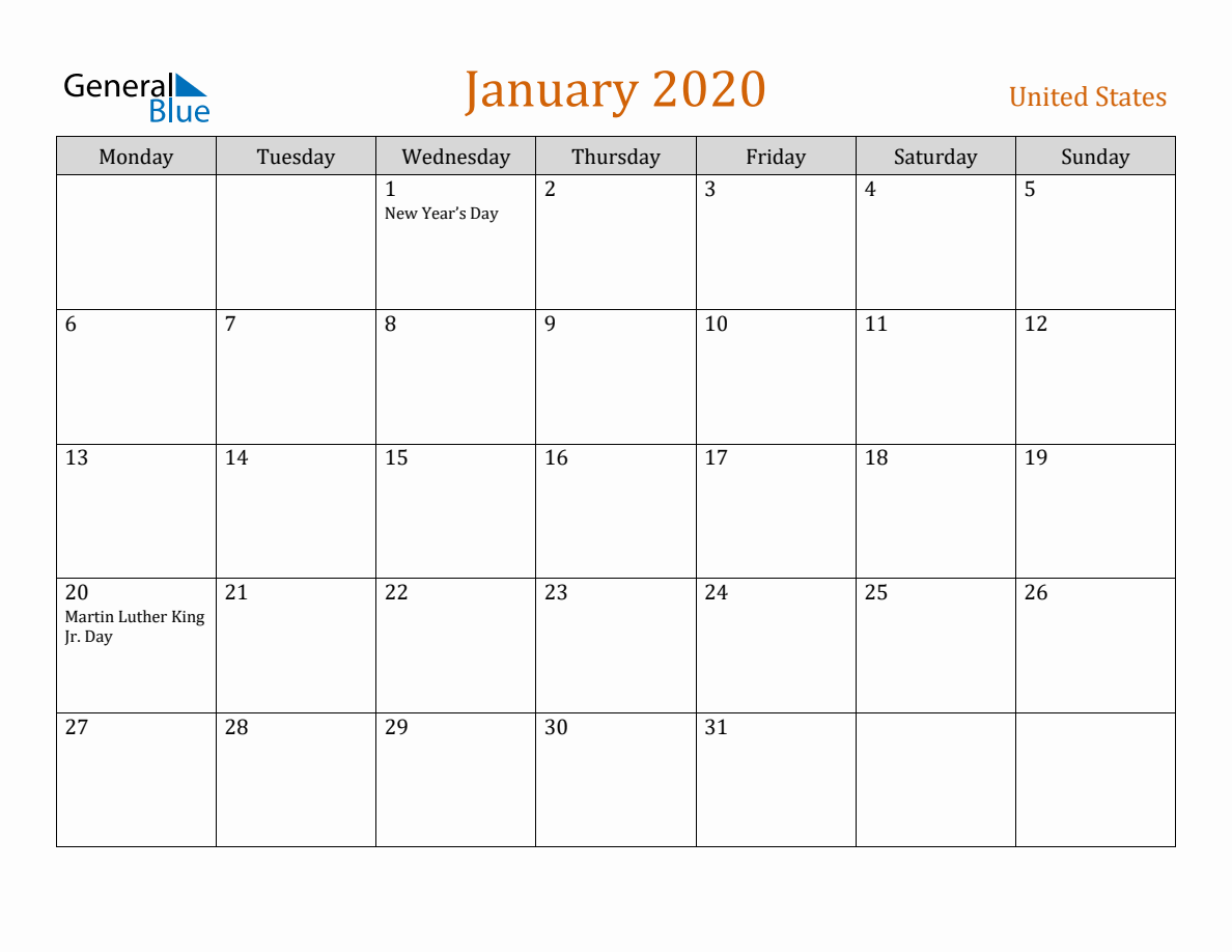 Free January 2020 United States Calendar (Monday Start)