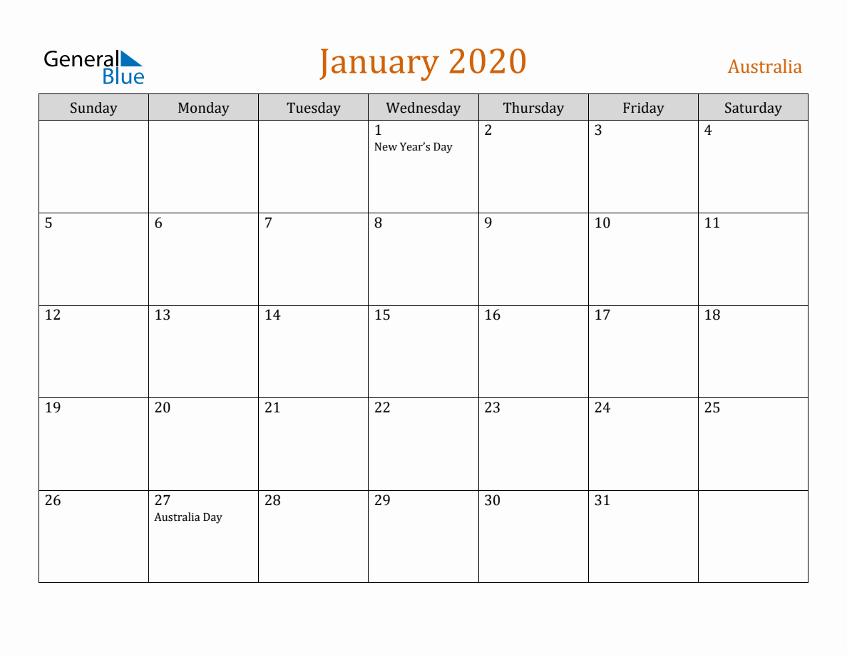 Free January 2020 Australia Calendar