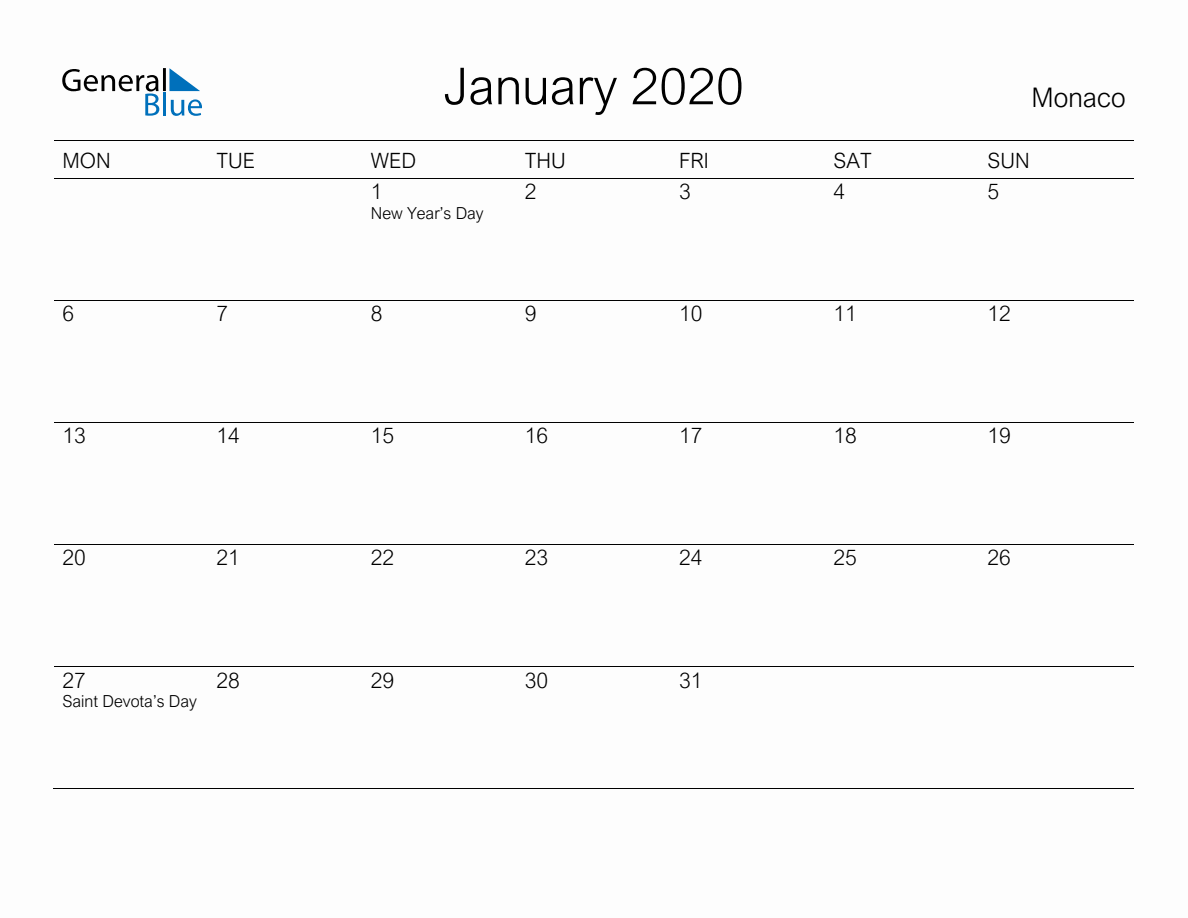 Printable January 2020 Monthly Calendar with Holidays for Monaco