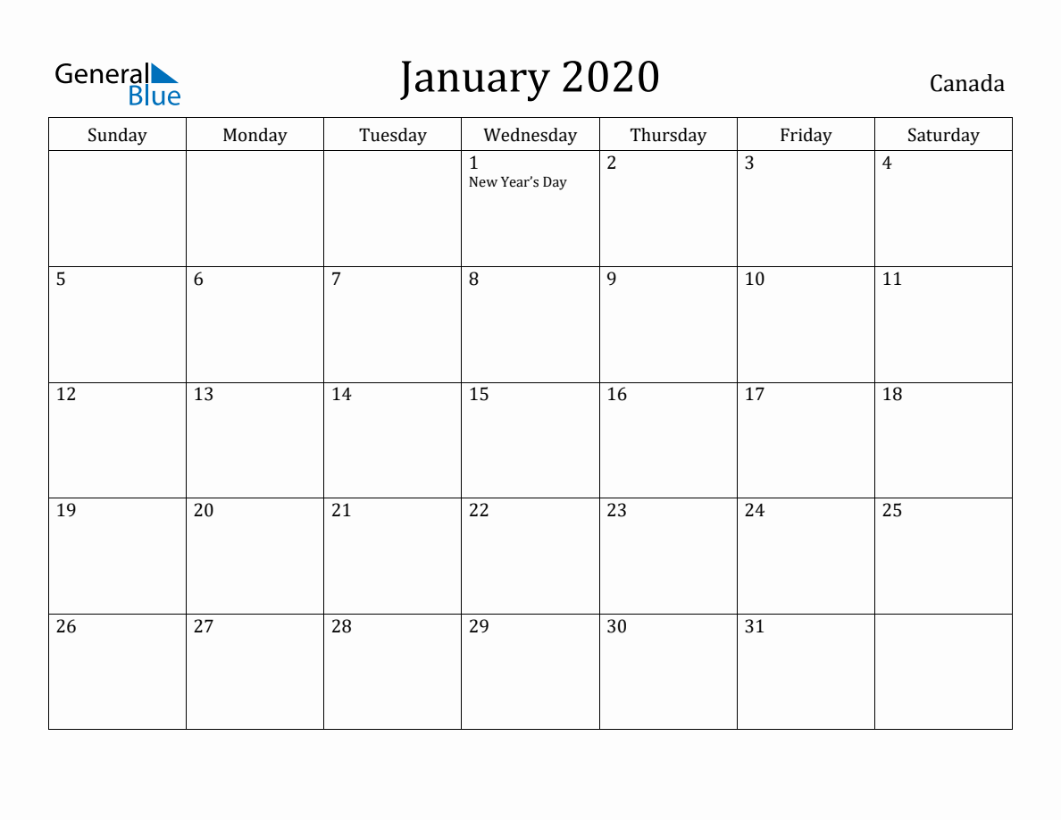 January 2020 Monthly Calendar with Canada Holidays
