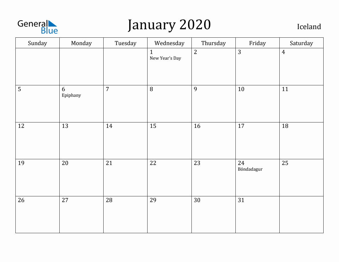 January 2020 Monthly Calendar with Iceland Holidays