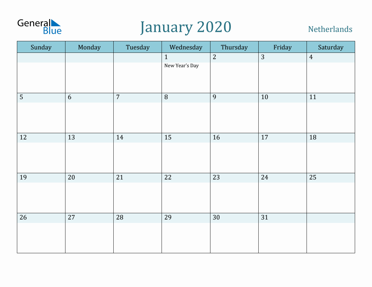 The Netherlands Holiday Calendar for January 2020
