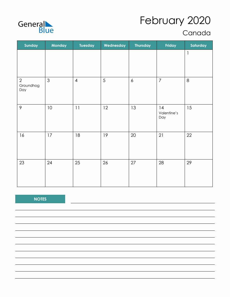 Monthly Planner with Canada Holidays - February 2020