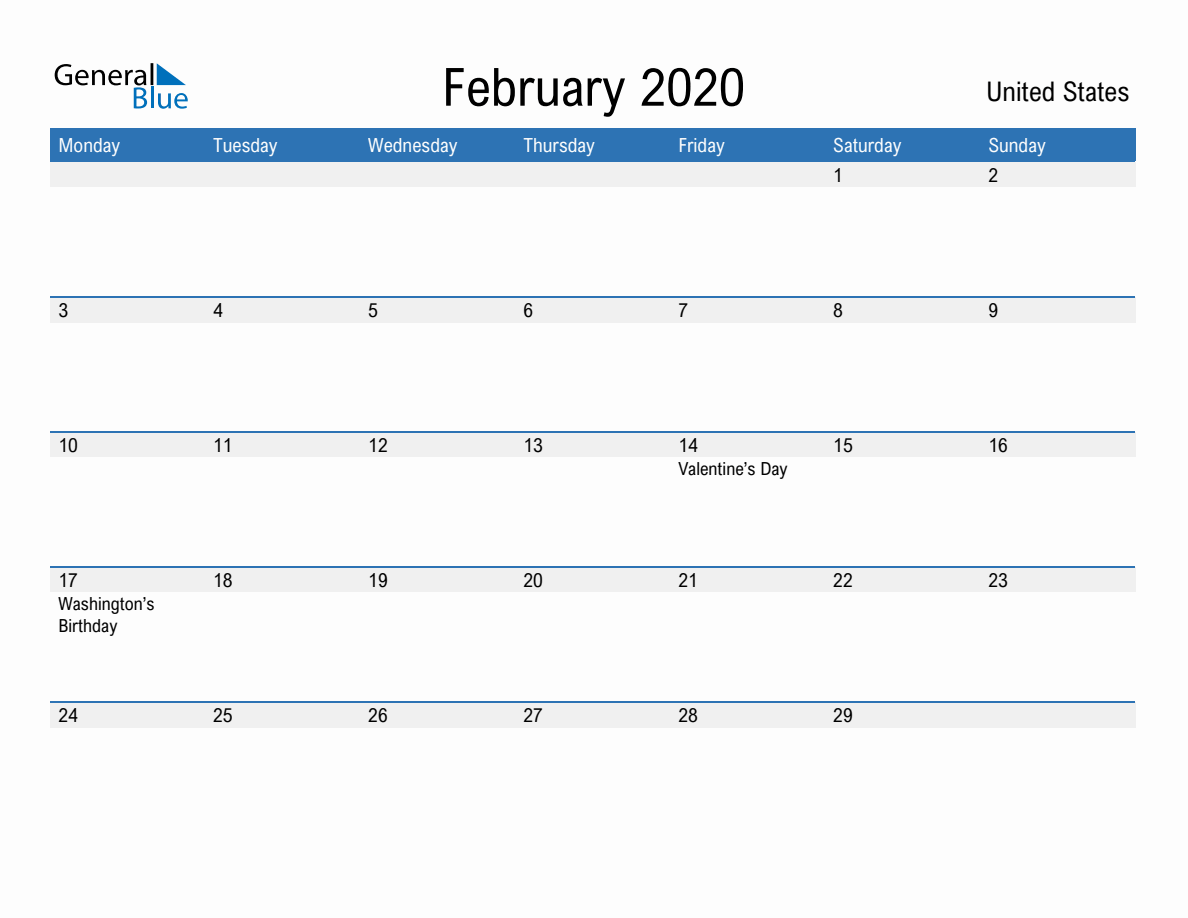Editable February 2020 Calendar with United States Holidays (Monday Start)
