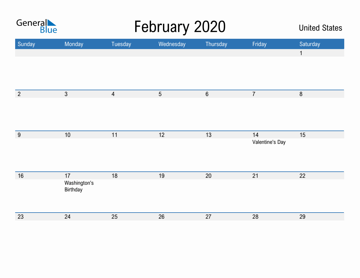 February 2020 Monthly Calendar with United States Holidays