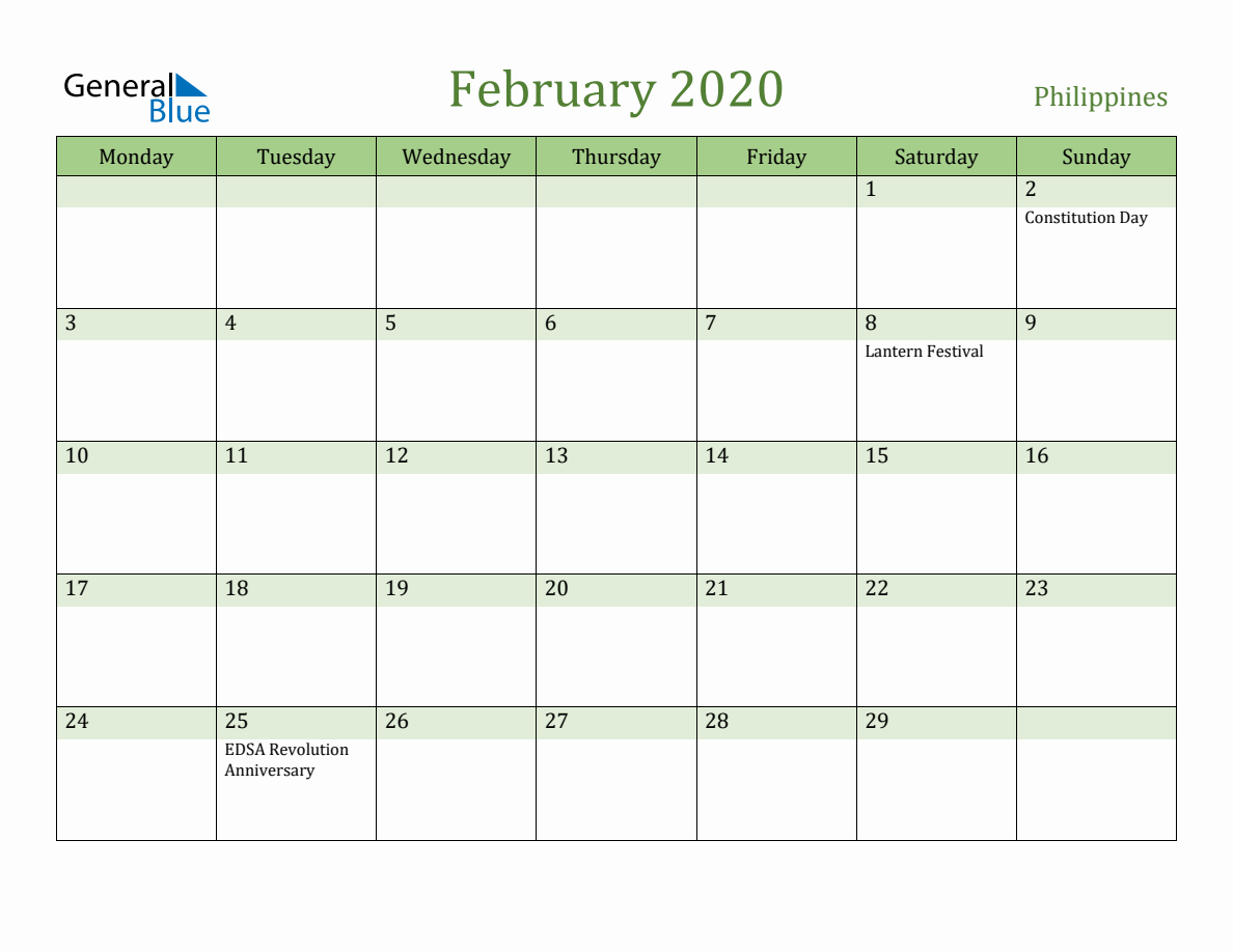 Fillable Holiday Calendar for Philippines - February 2020
