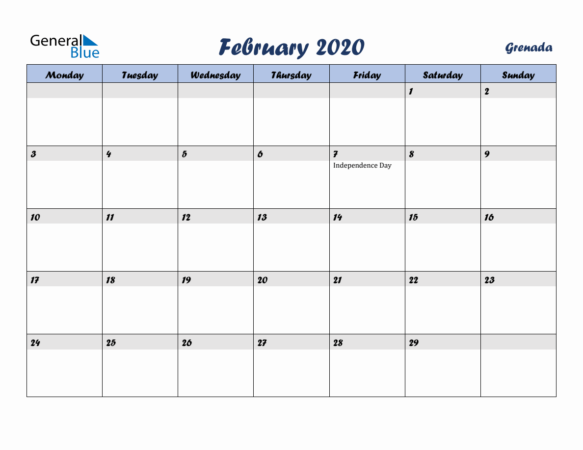 February 2020 Monthly Calendar Template with Holidays for Grenada