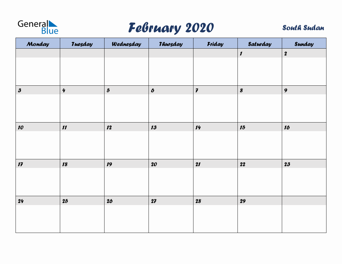 February 2020 Monthly Calendar Template with Holidays for South Sudan