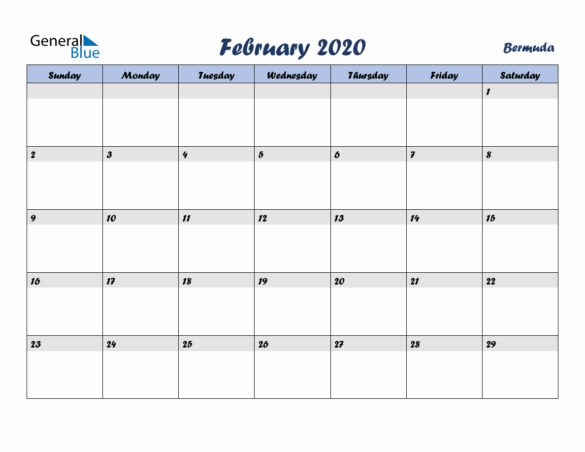February 2020 Monthly Calendar Template with Holidays for Bermuda