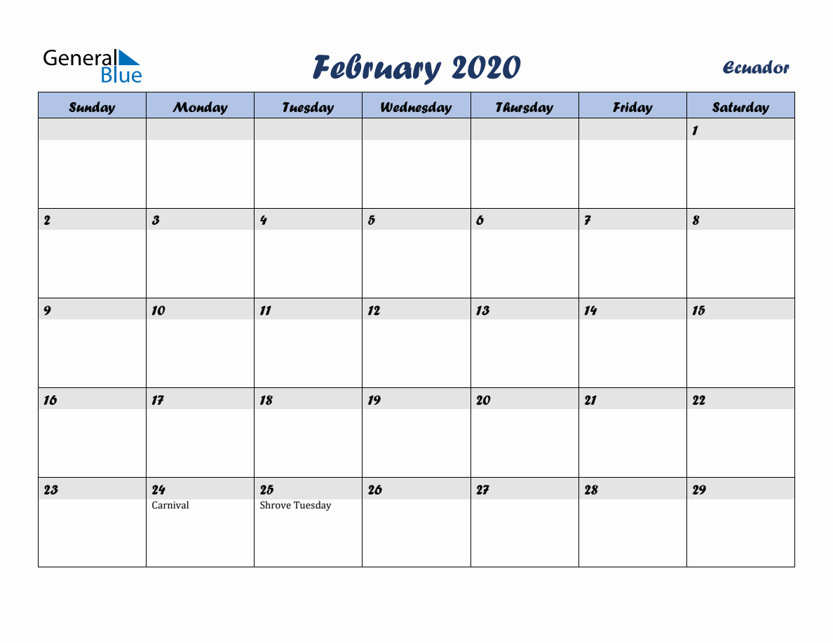 February 2020 Monthly Calendar Template with Holidays for Ecuador