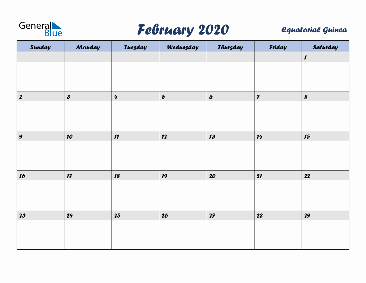 February 2020 Monthly Calendar Template with Holidays for Equatorial Guinea