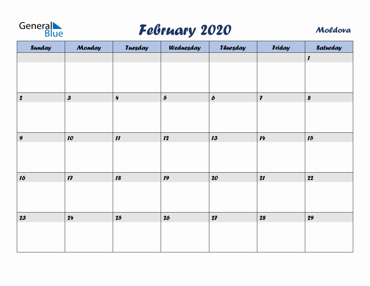 February 2020 Monthly Calendar Template with Holidays for Moldova